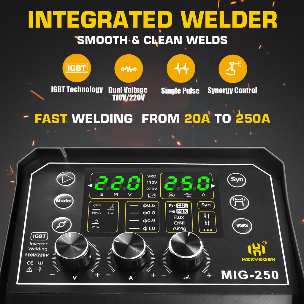 HZXVOGEN 250A Aluminum MIG Welder 5 in 1 LED Display Multi-process Wel